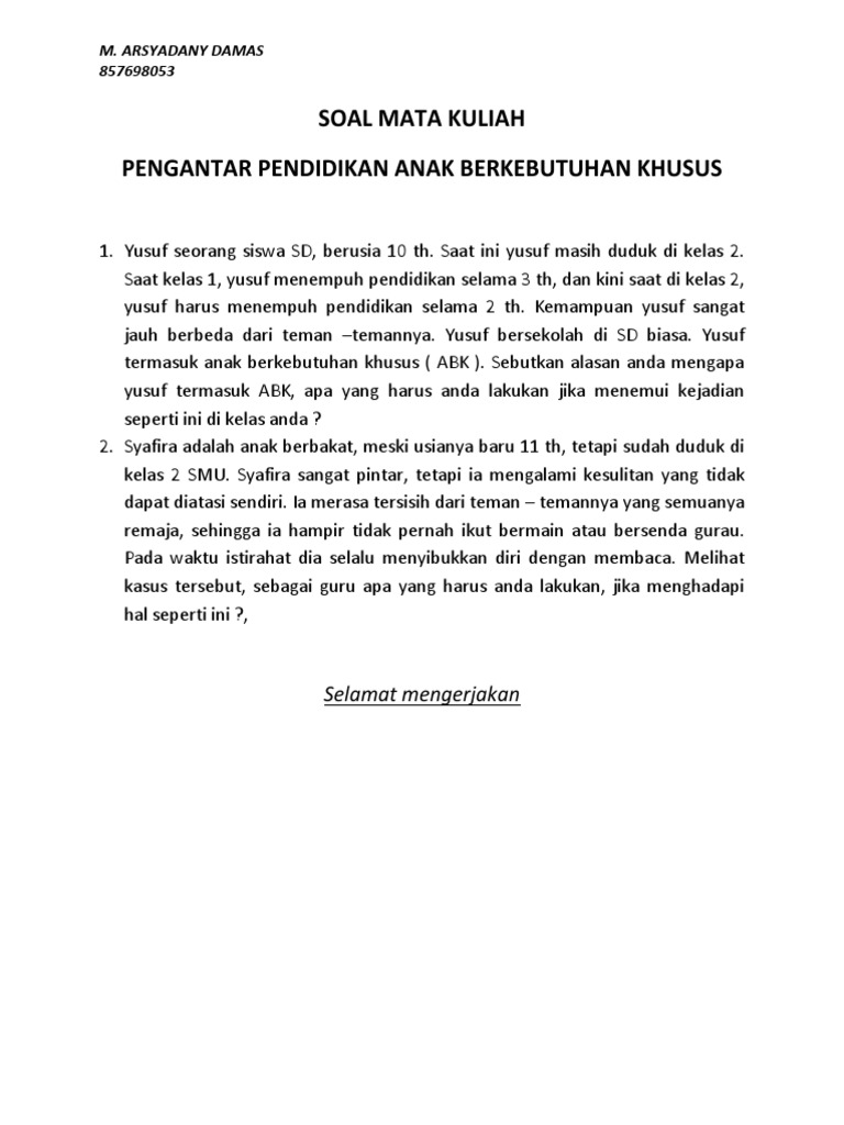 Soal TT 1 PENGANTAR PENDIDIKAN ABK 2021 | PDF