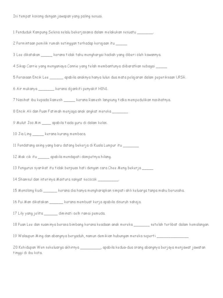 Isi Tempat Kosong Dengan Jawapan Yang Paling Sesuai | PDF