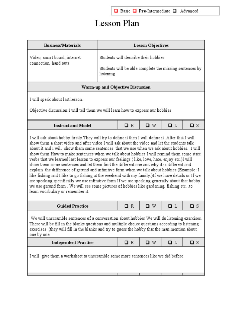 Lesson Plan: Basic Pre-Intermediate Advanced | PDF | Lesson Plan | Hobbies