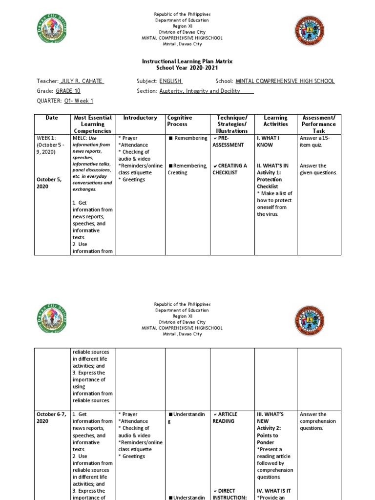 ENG10 Q1 W1 Instructional Learning Matrix Plan | PDF | Pedagogy ...