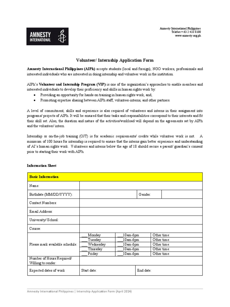 Amnesty International Volunteer Application | PDF | Fluency | Internship