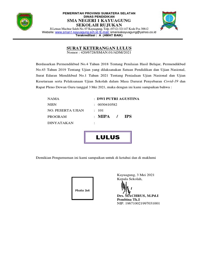 Surat Keterangan Lulus SMA Negeri 1 Kayuagung | PDF