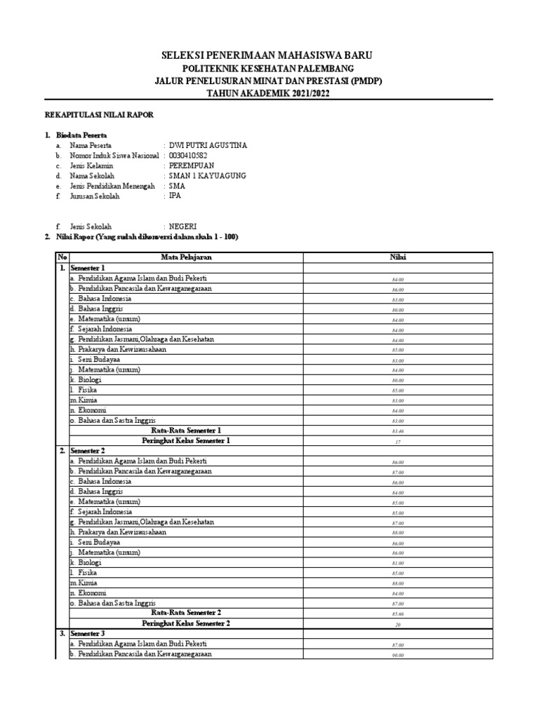 Template Rekap Nilai Rapor PMDP 2021 OEM | PDF