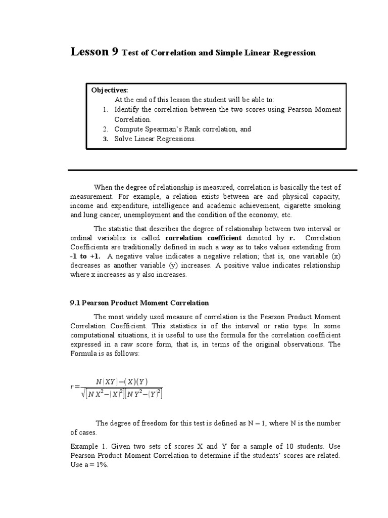 Lesson 9: Test of Correlation and Simple Linear Regression | PDF ...