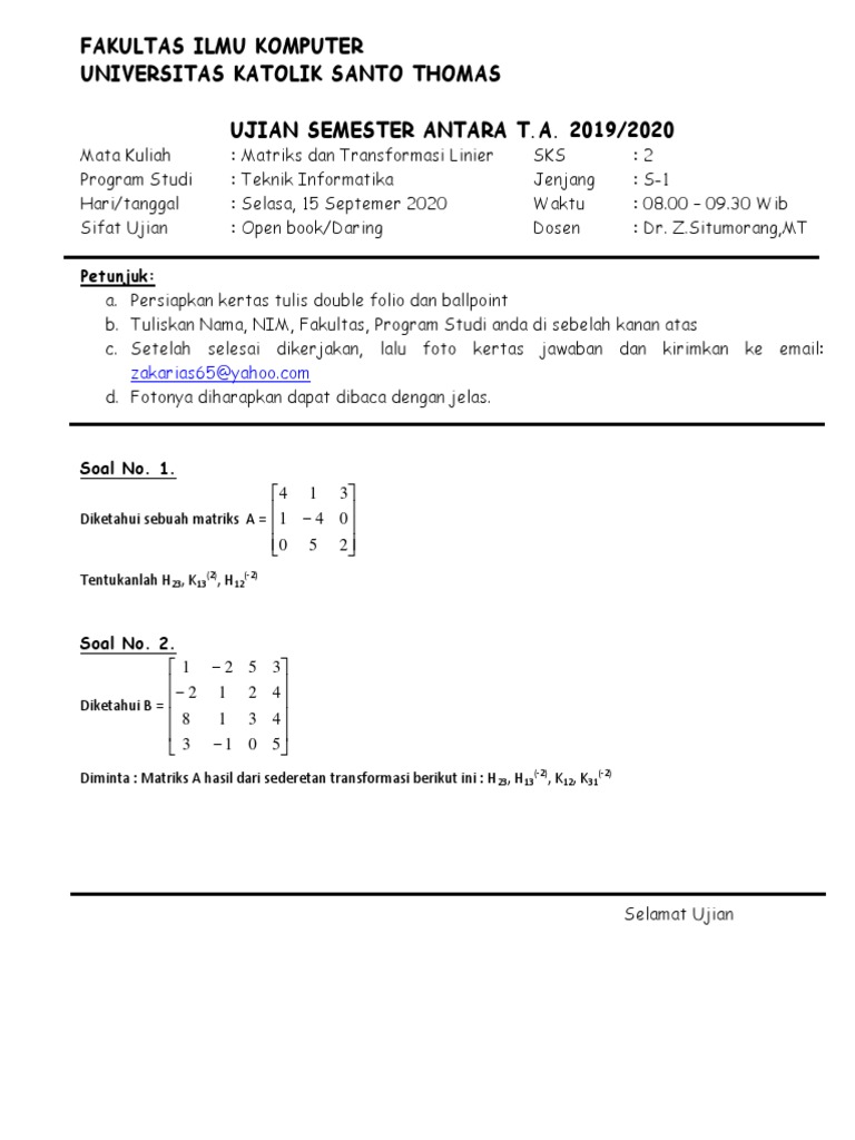 Soal UTS Matriks Sem Antara 20 | PDF | Metode & Bahan Ajar