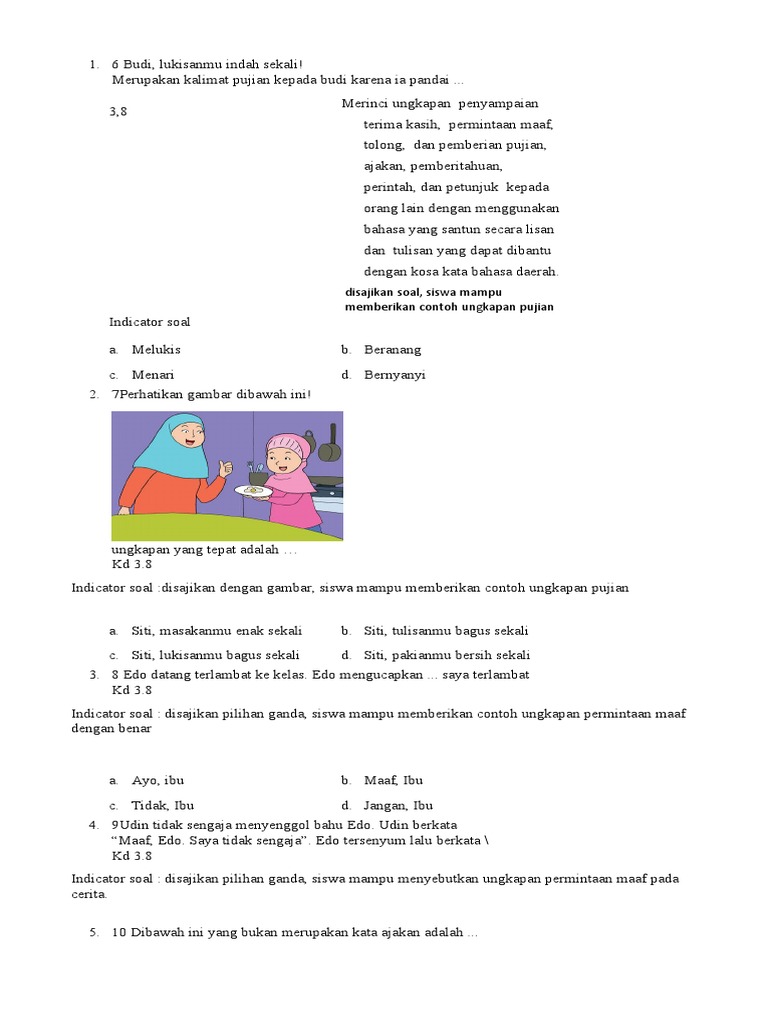 Soal PAS Kelas 1 Bindo | PDF