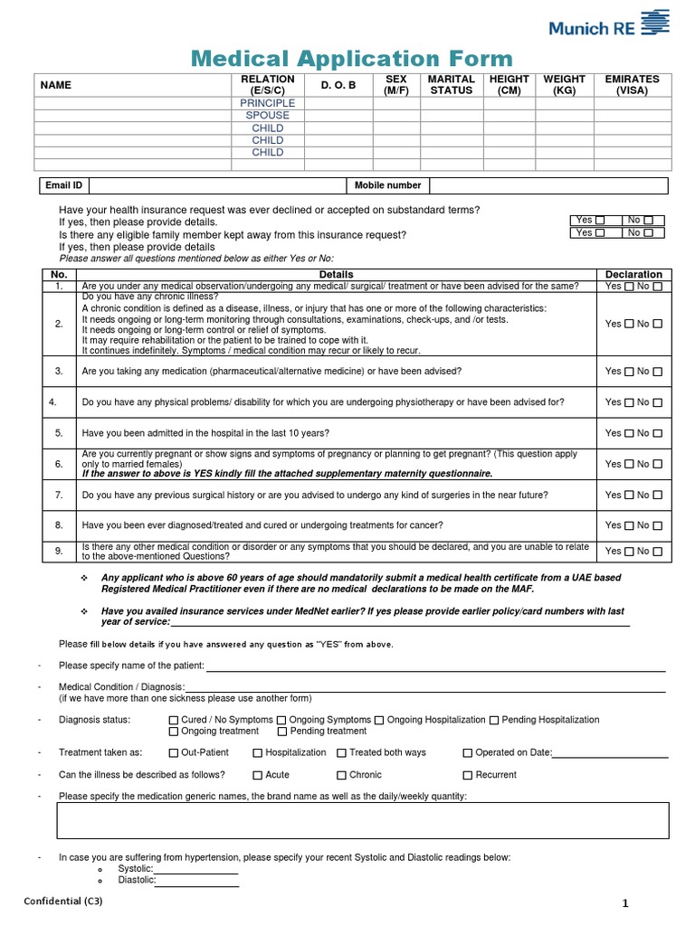 Medical Application Form: Name Relation (E/S/C) D. O. B SEX (M/F ...
