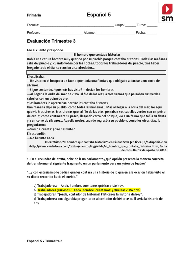 Espanol 5 EVALUACION TRIMESTRE 3 SOLUCIONARIO | PDF