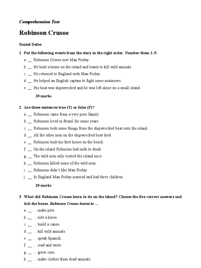 Robinson Crusoe Comprehension Test | PDF | Robinson Crusoe