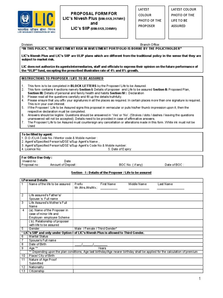 Proposal Form For LIC's Nivesh Plus and Lic'S Siip | Download Free PDF ...