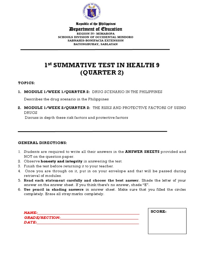 1st SUMMATIVE TEST IN HEALTH 9 Q2 | PDF | Substance Abuse | Substance ...
