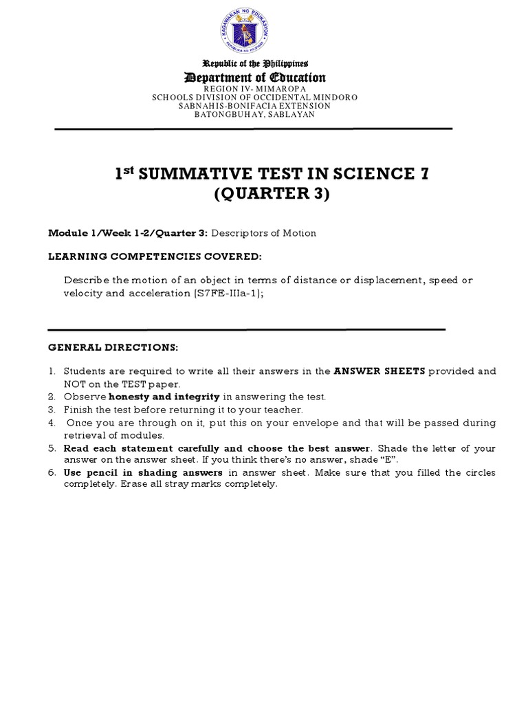 1st Quarter Science 7 Summative Test | PDF | Speed | Velocity