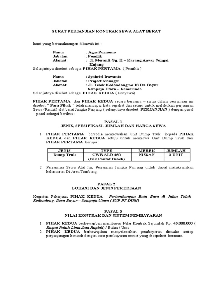 Surat Perjanjian Kontrak Sewa Alat Berat | PDF