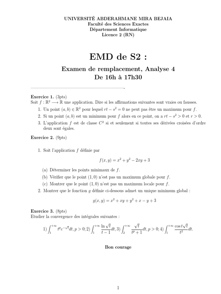 Examen Analyse Mathématique | PDF | Extremum | Enseignement des ...