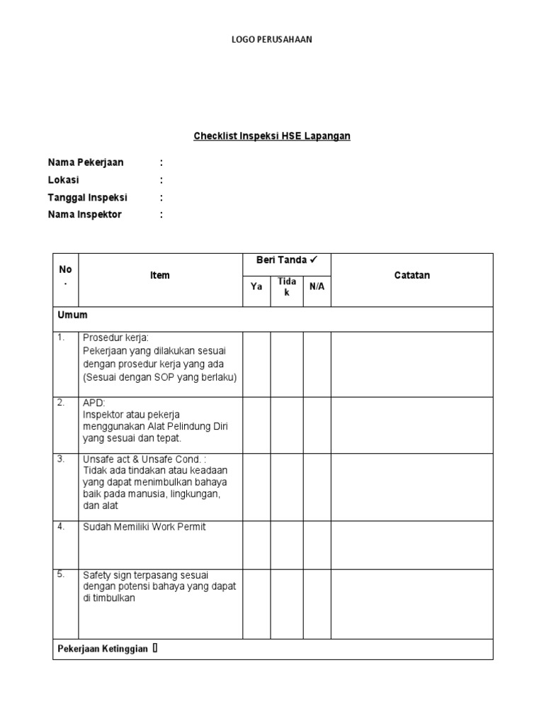 002 Checklist Inspeksi HSE | PDF