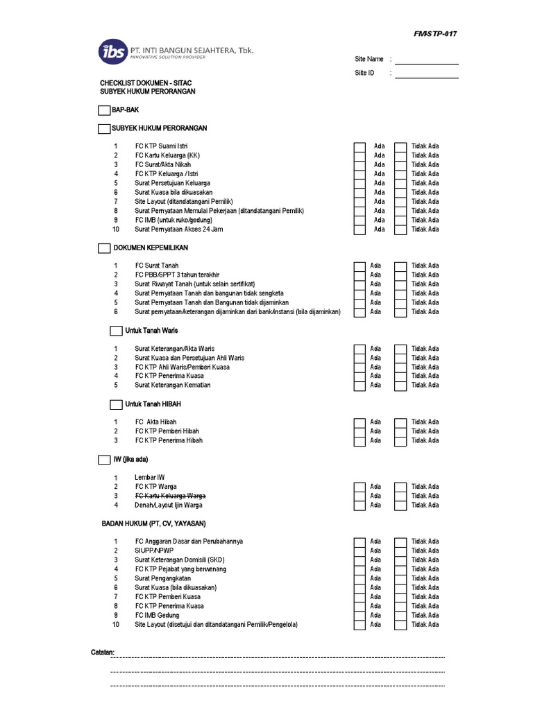 Checlist Dokumen Sitac New | PDF