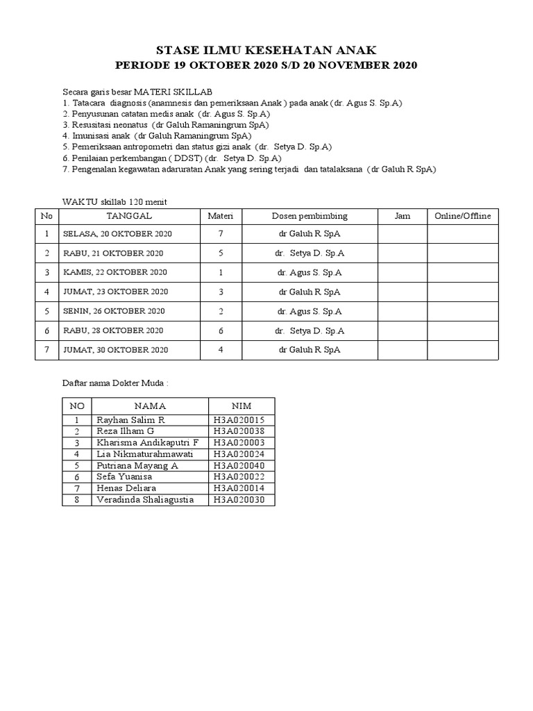 Revisi Fix Jadwal Skillab Stase Anak Dan Kognitif 19 Oktober 2020 | PDF