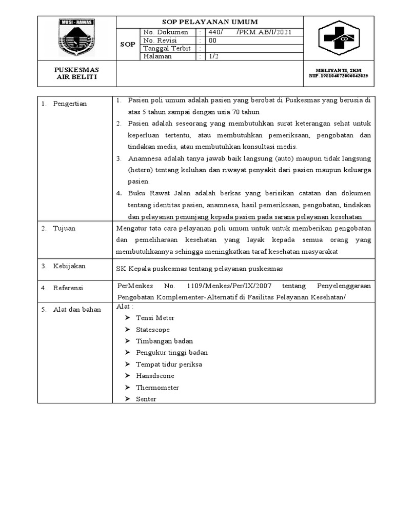 SOP Pelayanan Poli Umum Puskesmas | PDF