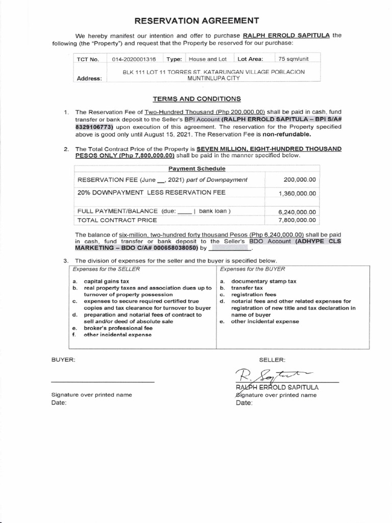 Reservation Agreement Sample | PDF