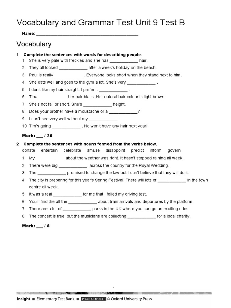 Vocabulary Grammar Unit 9 Test B | PDF