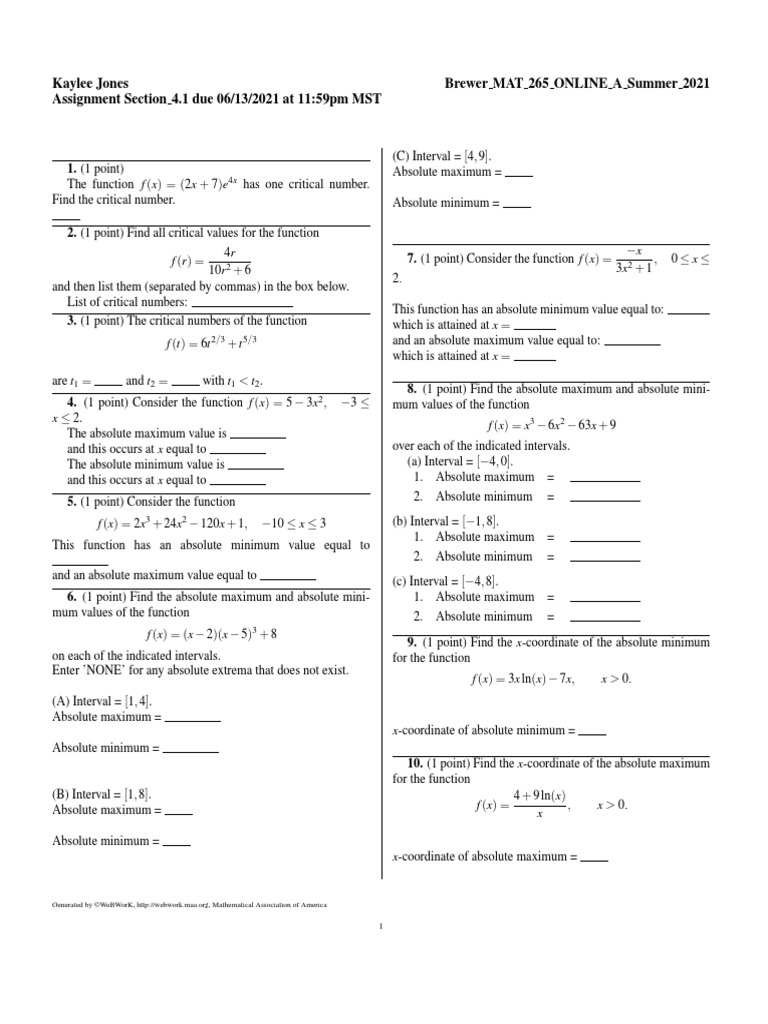 Calculus Assignment Section 4.1 | PDF | Maxima And Minima | Mathematics ...