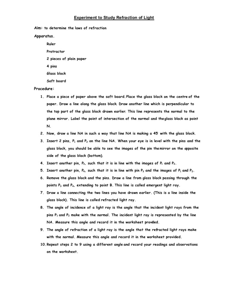 Experiment To Study Refraction of Light | PDF | Refraction | Angle