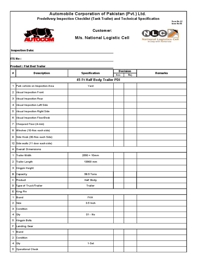 No-01 M.S NLC Final Check List Standard PDI For 40 Ft-Half Body Trailer ...