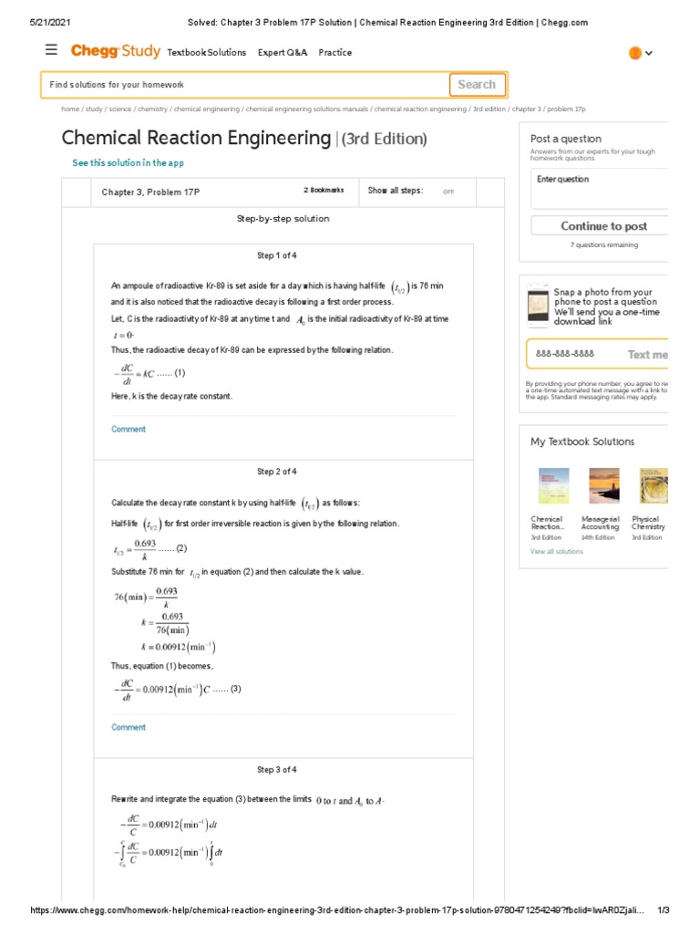 Solved - Chapter 3 Problem 17P Solution - C | PDF | Chemical Reactor | Radioactive Decay