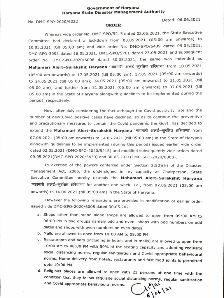 Haryana Orders For Lockdown Extension | PDF