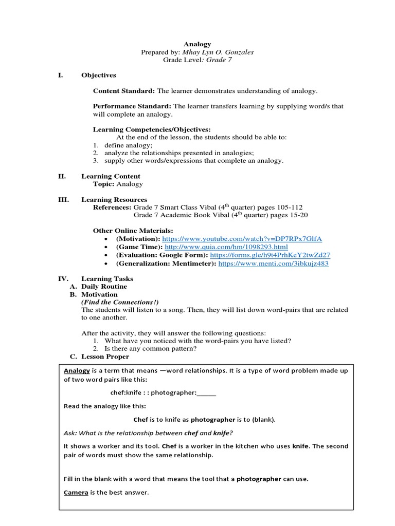 Understanding Analogies: A Lesson Plan on Analyzing Word Relationships ...