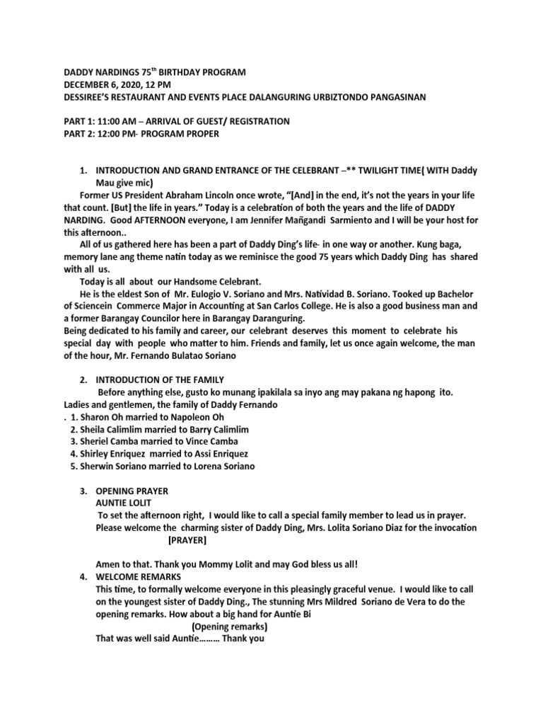 Daddy Nardings 75th Birthday Program | PDF