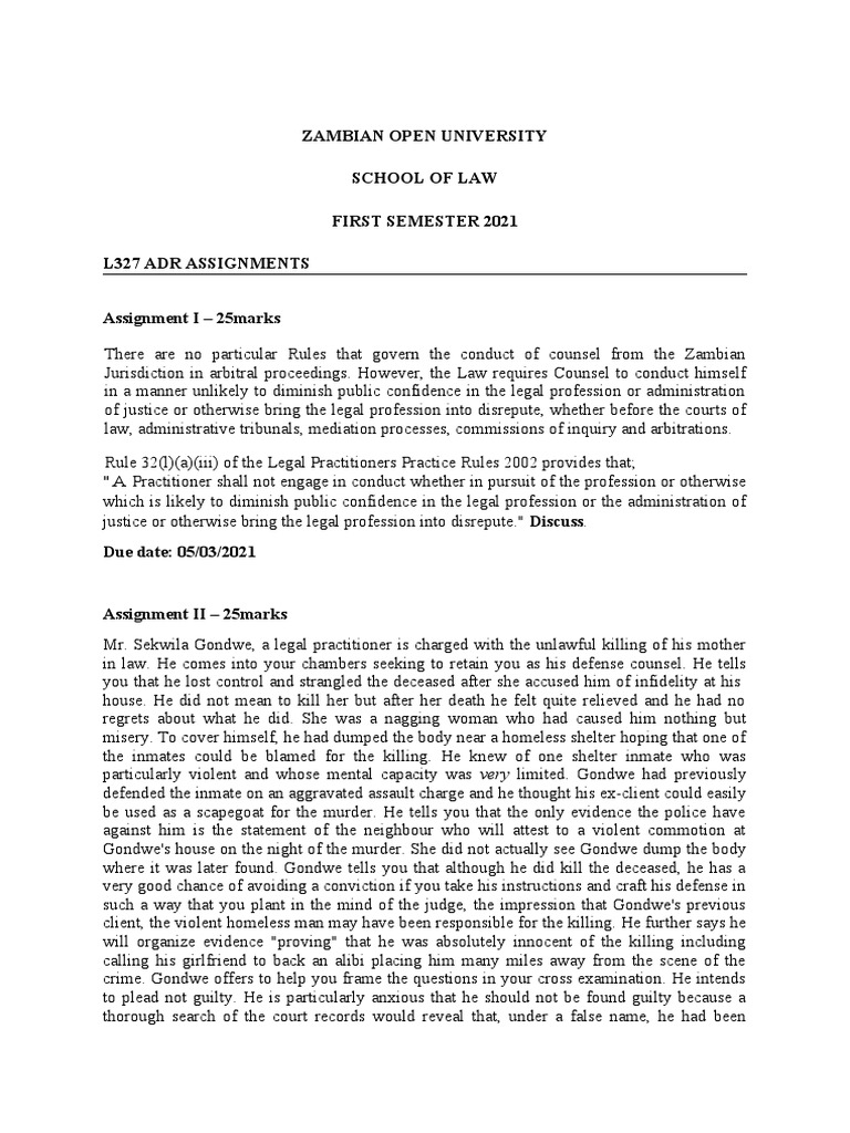 Zambian Open University School of Law First Semester 2021 L327 Adr ...