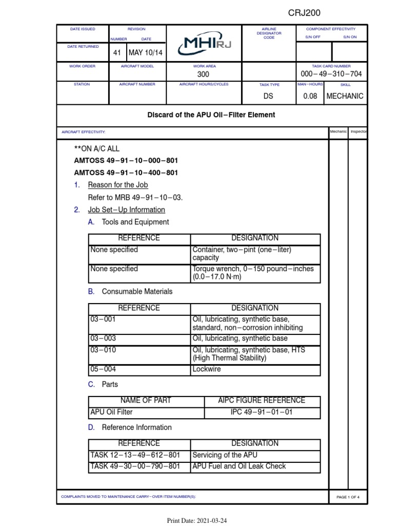 APU Oil Filter Procedure for CRJ200 | PDF | Manufactured Goods ...