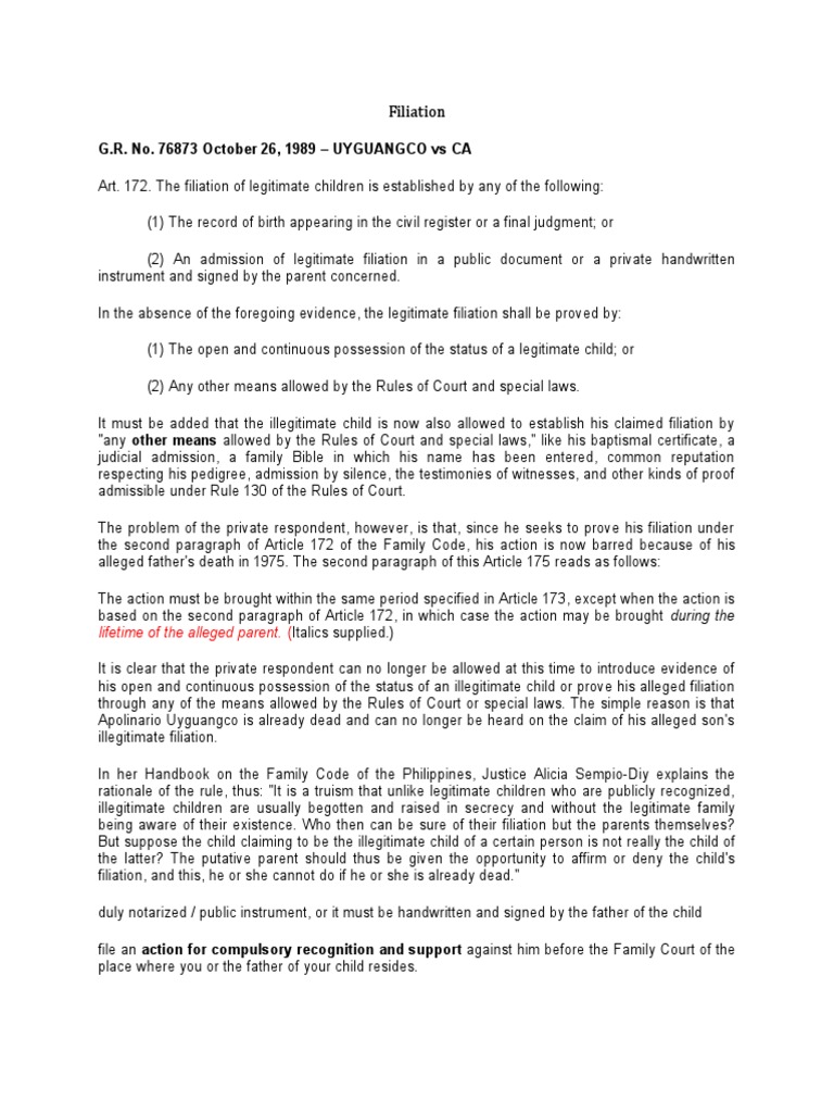 Filiation: G.R. No. 76873 October 26, 1989 - UYGUANGCO Vs CA | Download ...