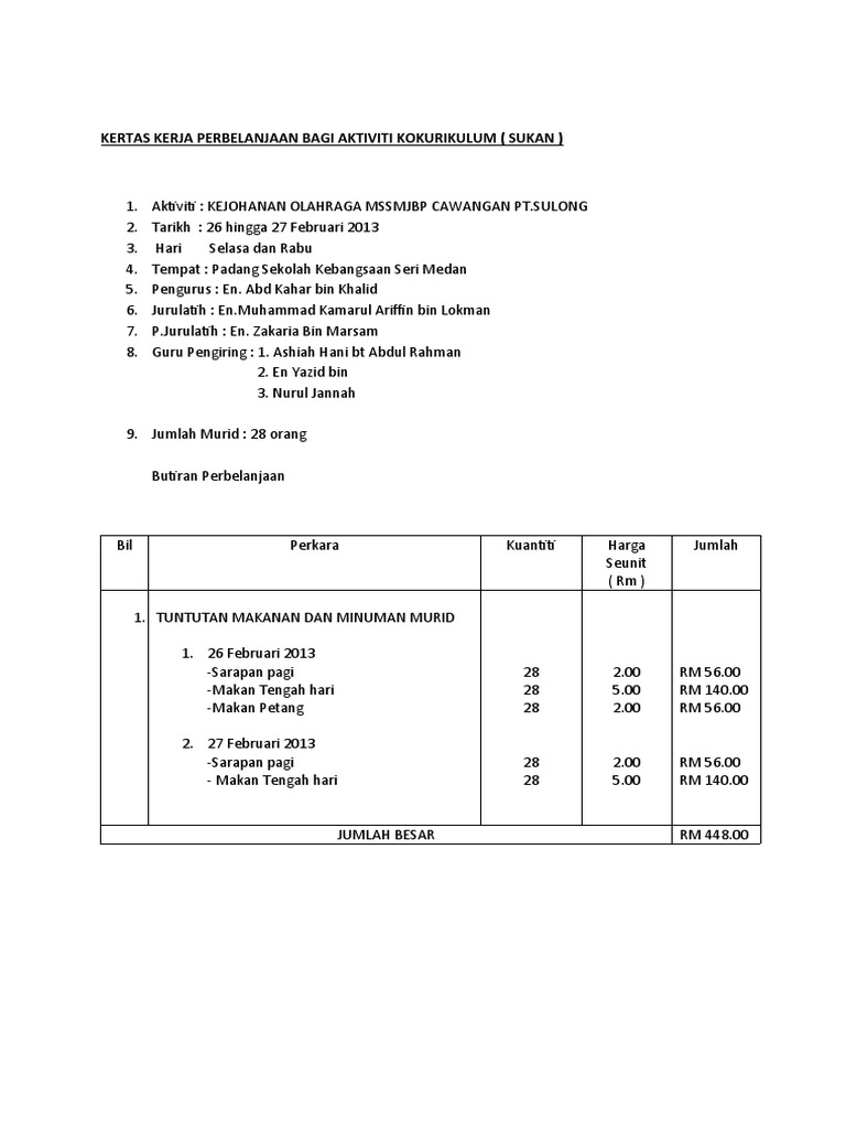Kertas Kerja Perbelanjaan Bagi Aktiviti Kokurikulum | PDF