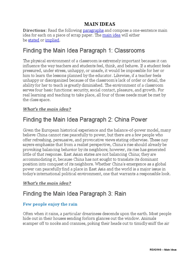 Finding The Main Idea Paragraph 1: Classrooms | PDF | Taxes | Teachers