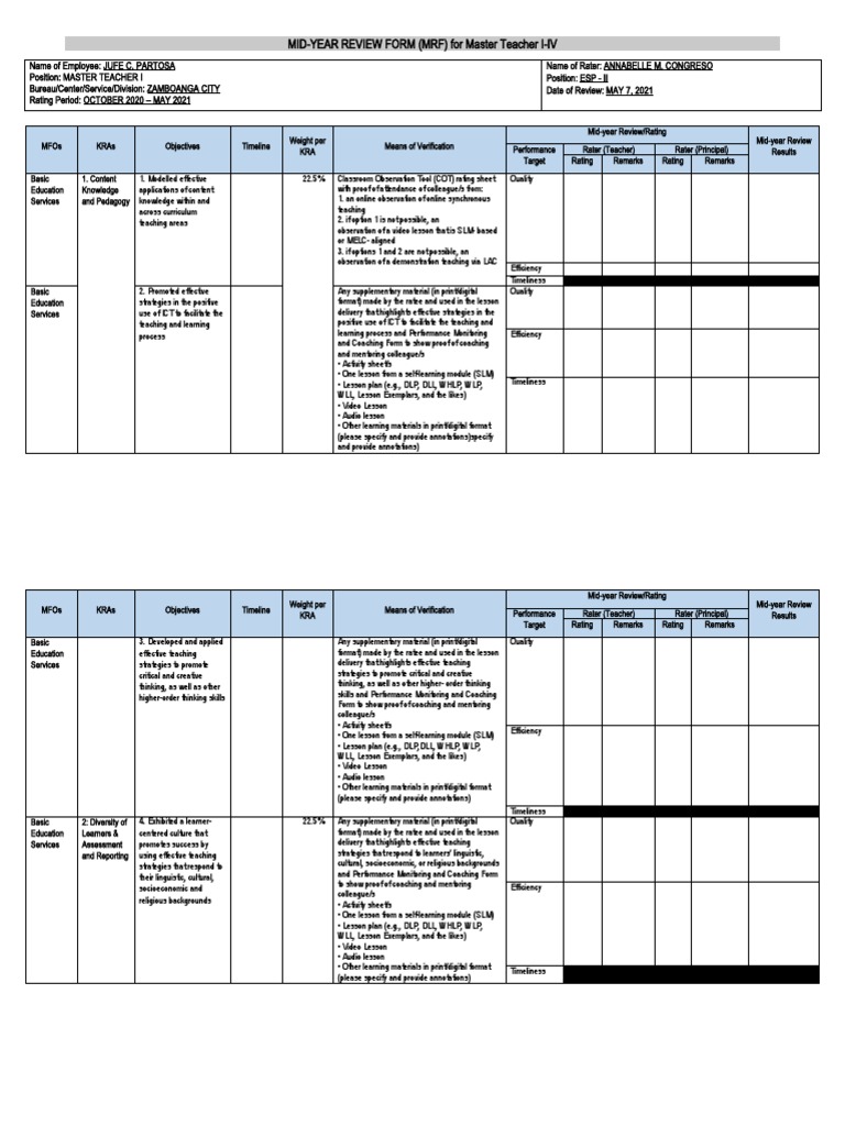 MID-YEAR REVIEW FORM (MRF) For Master Teacher I-IV | PDF | Educational ...