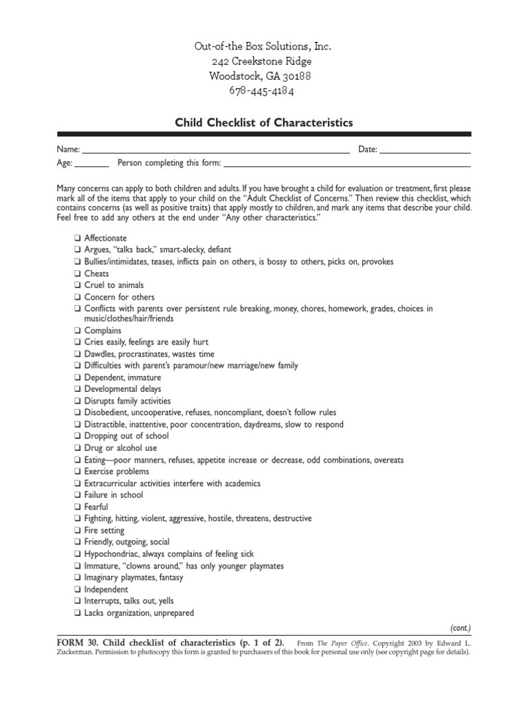 Child Checklist of Characteristics OOBS | PDF | Psychiatry | Mental Health