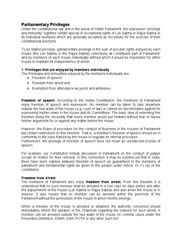 Parliamentary Privileges 1 Privileges That Are Enjoyed By Members