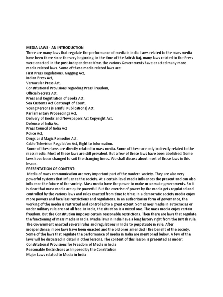 Media Laws - An Introduction | PDF | Freedom Of The Press ...