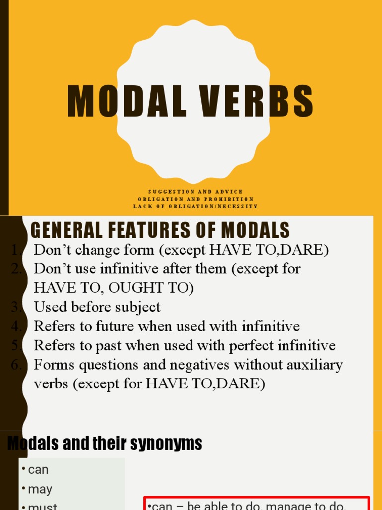 Modal Verbs: Suggestion and Advice Obligation and Prohibition Lack of ...