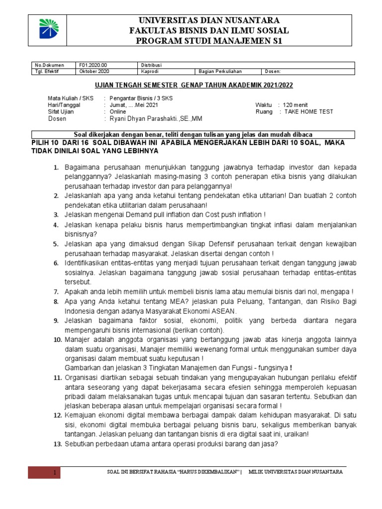 Soal UTS Pengantar Bisnis-Ryani | PDF