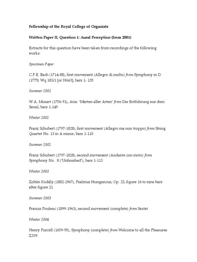 Guidance Sheet, FRCO, Written Paper II, Q1 (Aural Perception), Extracts ...