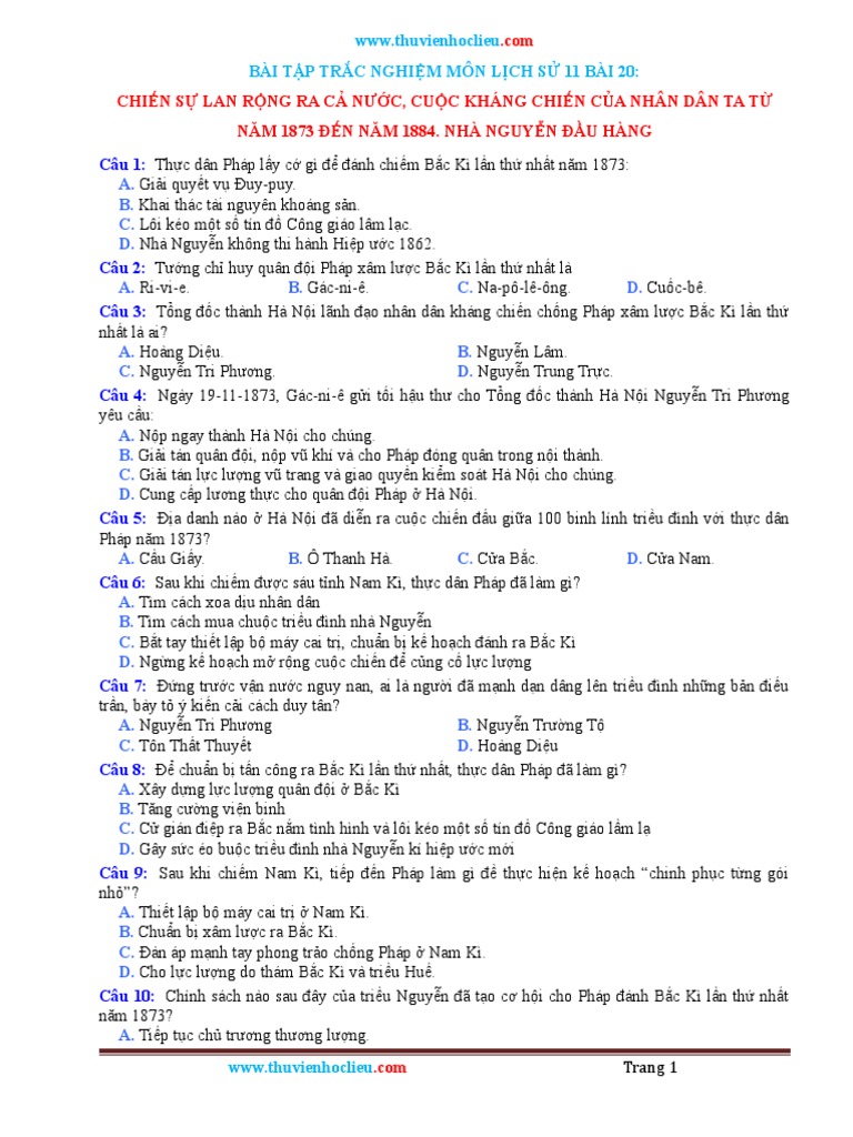 Trac Nghiem Lich Su 11 Bai 20 | PDF