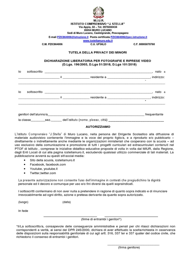 Tutela Della Privacy Dei Minori - Dichiarazione Liberatoria Per ...