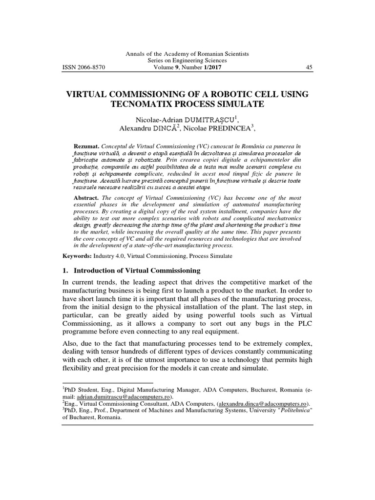 Dumitrașcu, Nicolae-Adrian Dincă, Alexandru Predincea, Nicolae. Virtual Commissioning of A ...