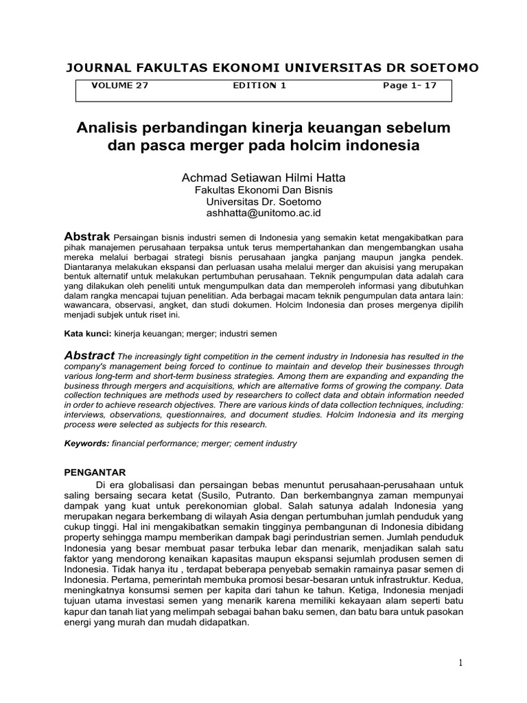 Analisis Perbandingan Kinerja Keuangan Sebelum Dan Sesudah Merger - Studi Kasus PT. Holcim TBK ...