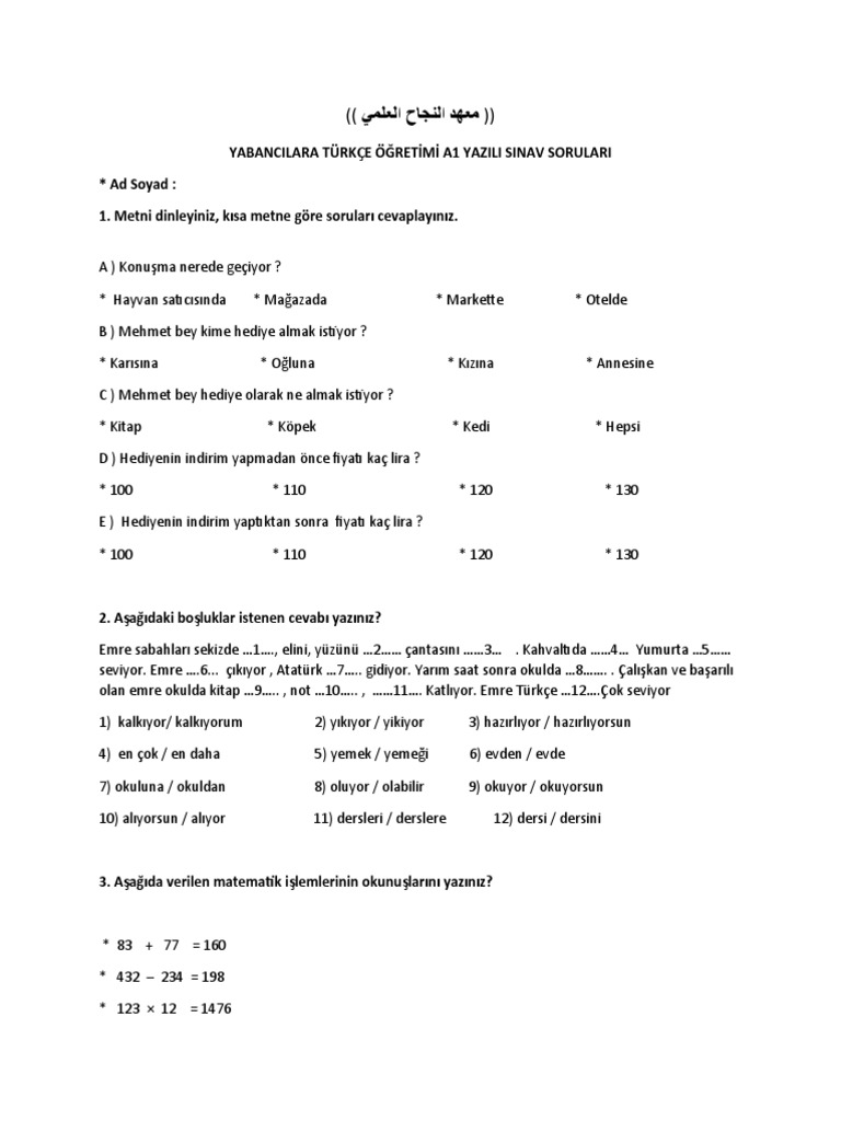 A1 Türkçe Sınavı | PDF