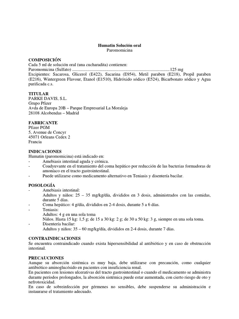 Humatin Solución Oral | PDF | Medicamentos con receta | Diarrea