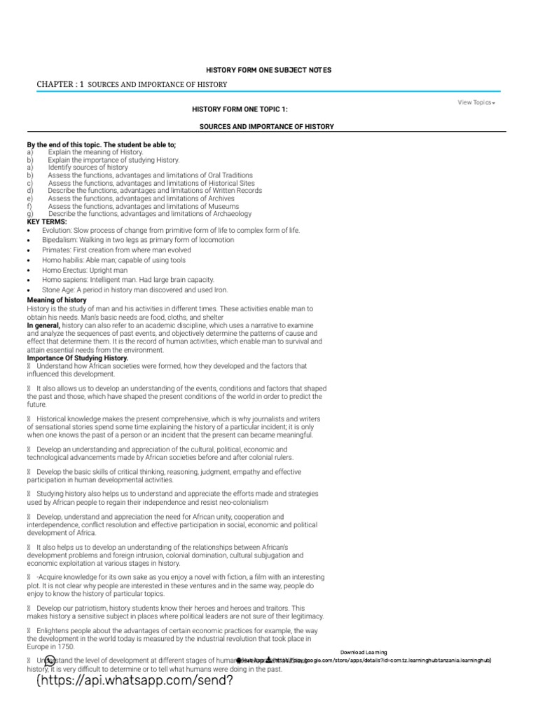 Learninghubtz Form One History Topic 1 - Sources and Importance of ...